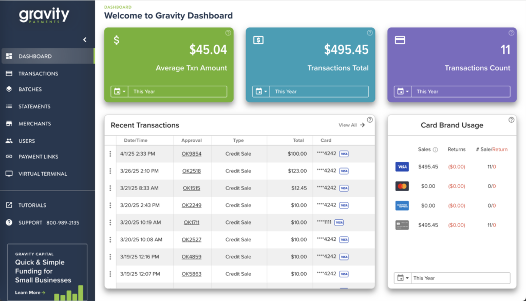 Gravity Dashboard Homepage · Gravity Payments